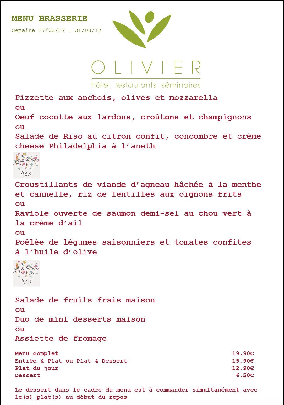 Plats Du Jour Menu Brasserie Suggestions Hotel Restaurant Olivier Luxembourg